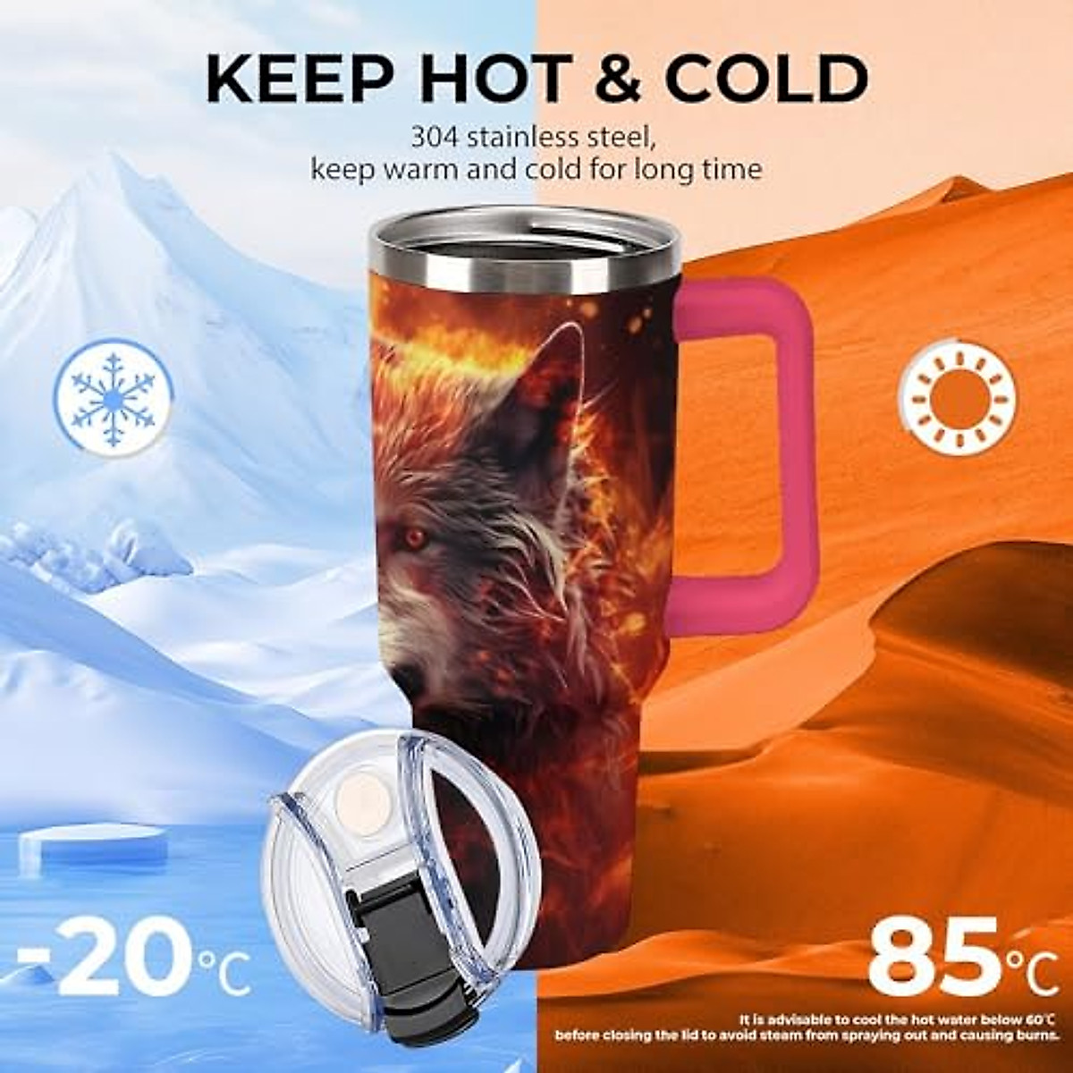 Fire Wolfs 40 Oz Car Cup Stainless Steel Travel Mug Leak-Proof Insulated Tumbler with Handle Light Rose Red-style