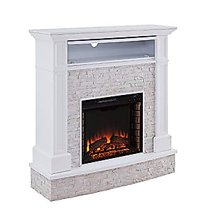 SEI Furniture Jacksdale Faux Stone Accent Electric Hidden Media Shelf Fireplace, White