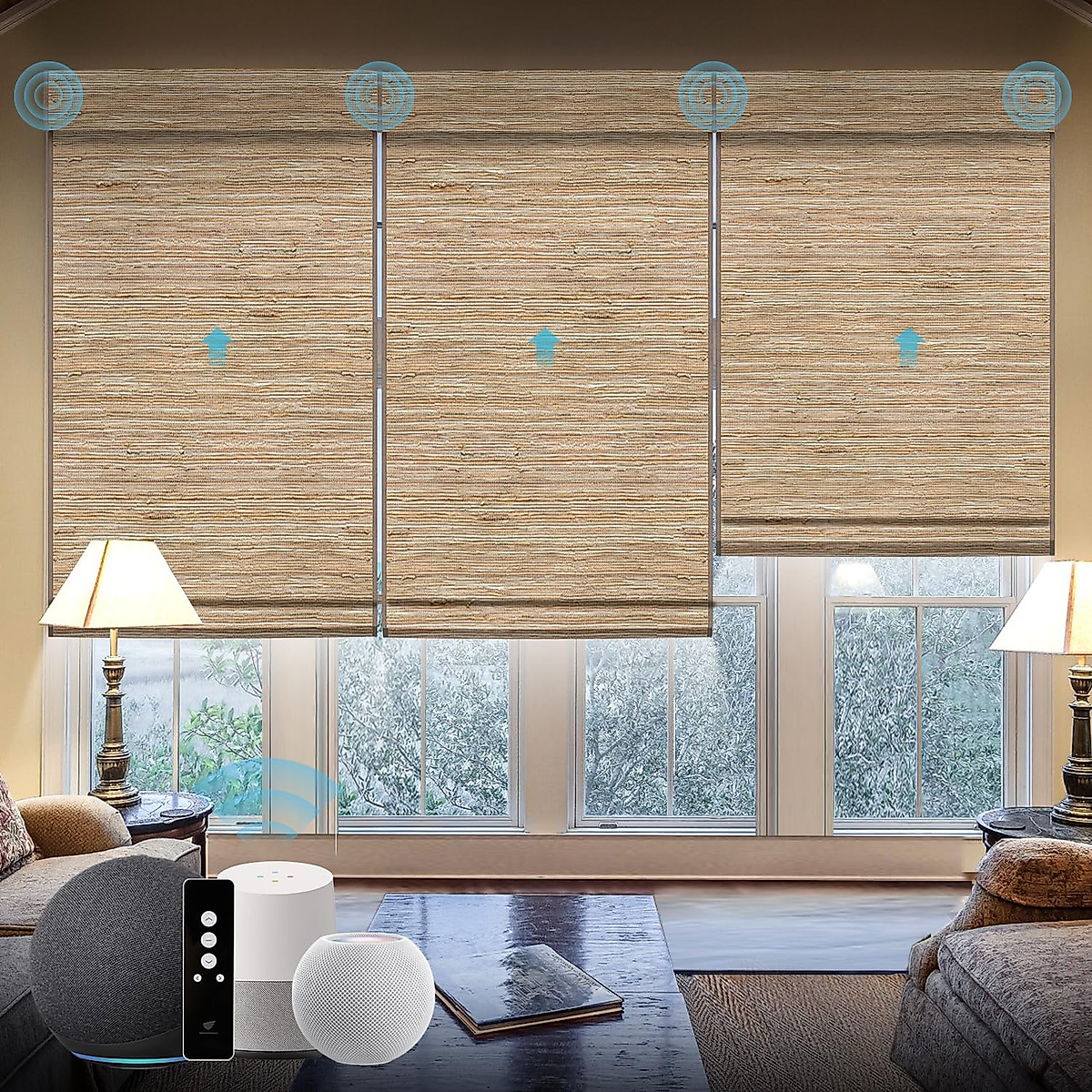 SmartWings Motorized Natural Woven Wood Blinds for Windows, Electric Auto Roman Shades with Remote for Sliding Doors, Compatitable with Alexa/Homekit/Google Home, Customized, Jute Linen-005