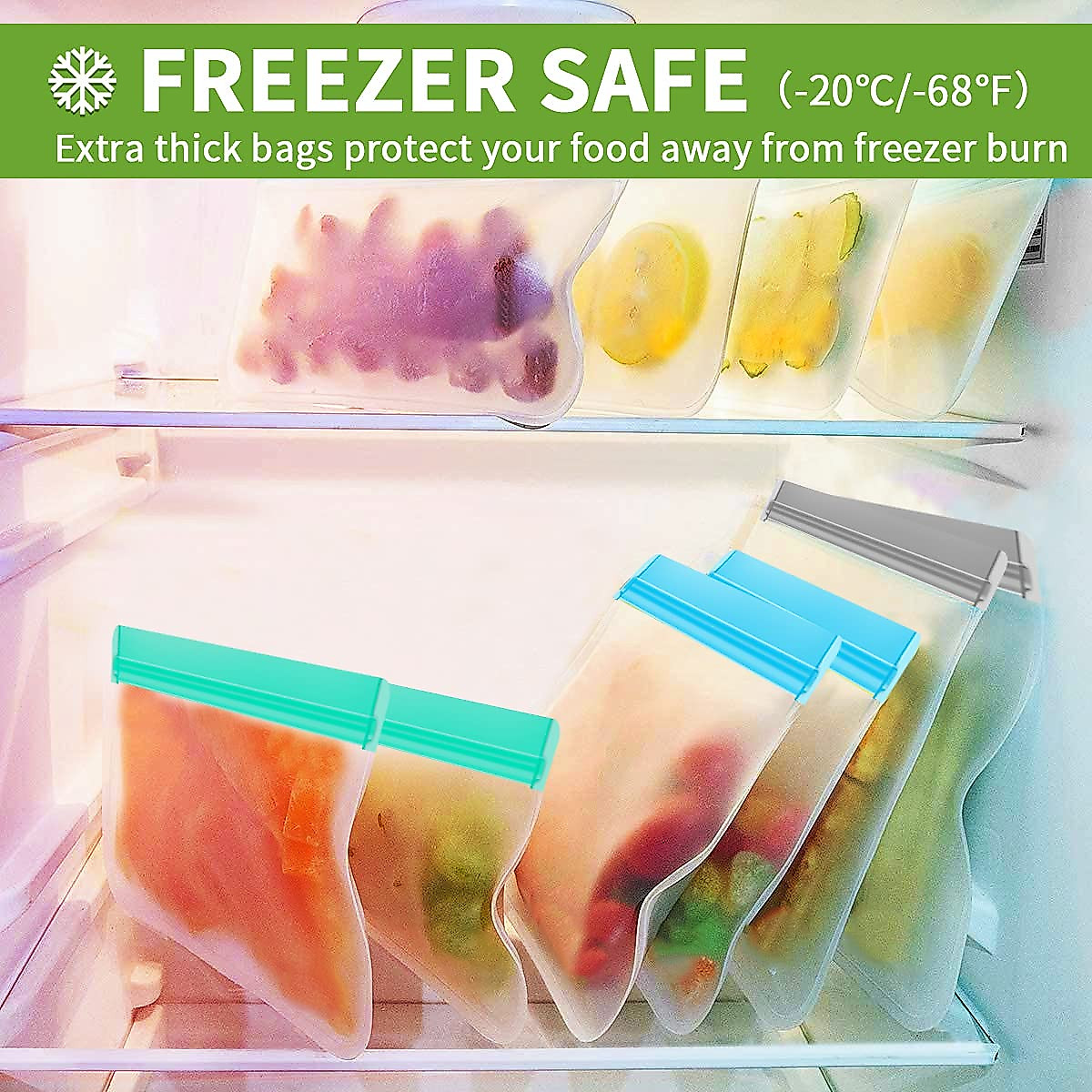 Reusable Ziplock Bags Silicone, Leakproof Reusable Freezer Bags, BPA Free Reusable Food Storage Bags for Lunch Marinate Food Travel, 4 Gallon 4 Snack 4 Sandwich Bags 1 Drying Rack