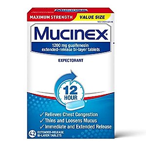Mucinex Chest Congestion Maximum Strength 12 Hour Extended Release Tablets Relieves Chest Congestion Caused by Excess Mucus(#1 Doctor Recommended OTC expectorant), 1200mg, 42 Count (Pack of 1)