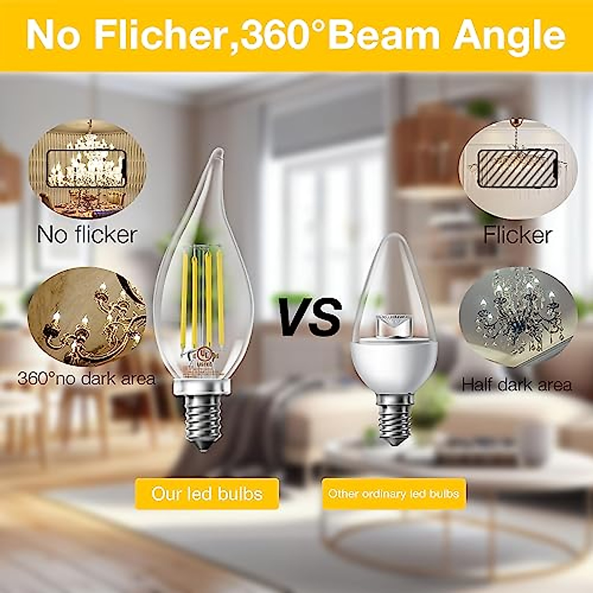 DAYBETTER E12 Candelabra Light Bulbs 60 Watt Equivalent, Dimmable LED Light Bulb Daylight White 5000K, Clear Filament Chandelier Light Bulbs 5.5W 600lm CA11 LED Bulbs, Ceiling Fan Light Bulbs, 5 Pack