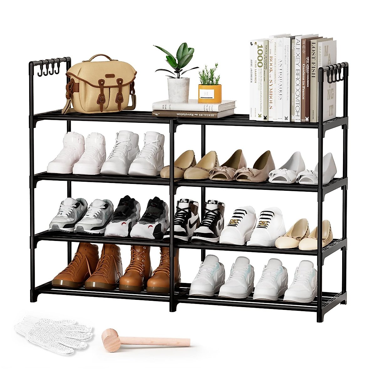 DYJIEKAI 2 Rows 4 Tier Shoe Rack, Black Metal Shoe Racks, Stackable Shoe Shelf with Multifunctional Hooks, Hold 16-20 Pairs, Space Saving Shoe Rack, Shoe Rack for Closet,Shoe Organizer
