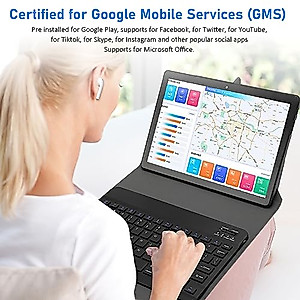 10.1 Inch Android 12 Tablet, 2 in 1 Tablet with Bluetooth Keyboard, Leather Case, TWS Headset, 4GB RAM, 64GB ROM, 5G WiFi, 8800mAh Battery (US Plug)