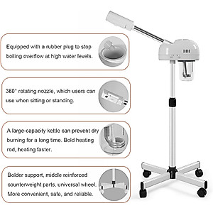 Professional Ozone Facial Steamer with Hot Mist Function, Stand Facial Steamer On Wheels, Height Adjustable & 360° Rotatable Nozzle, Use at Home & Salon SPA
