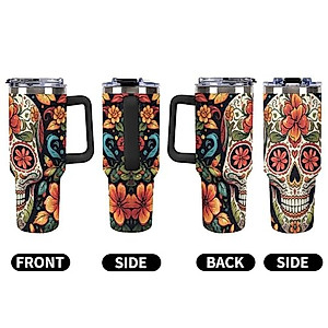 HJUQNGF 40 Oz Personalized Tumbler with Handle And Straw Colorful Sugar Skull Stainless Steel Insulated Tumblers Reusable Car Thermal Cup Travel Coffee Mug for Women Men