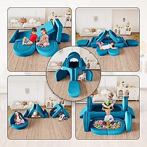Kids Couch, 12PCS Modular Toddler Couch with 2 Triangular Cushions and 4 Arches, Fold Out Kids Couch for Playroom, Bedroom, Modular Kids Couch for Boys and Girls, Kids Play Couch for Kids (Blue)