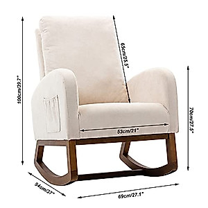 Rocking Accent Armchair with Side Pocket, Upholstered Mid-Century Nursery Chair for Kids with High Backrest Fabric Rocker for Home Living Room Office, Rubber Wood Legs(Coffee Color)