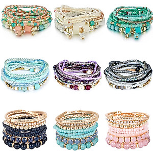 SAMOCO 9 Sets Bohemian Stackable Bead Bracelets for Women Stretch Multilayered Bracelet Set Multicolor Jewelry
