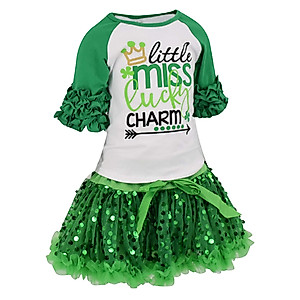 Toddler Big Girls St Patricks Day Lucky Charm Skirt Shirt Dress Outfit (6/XL, Green)