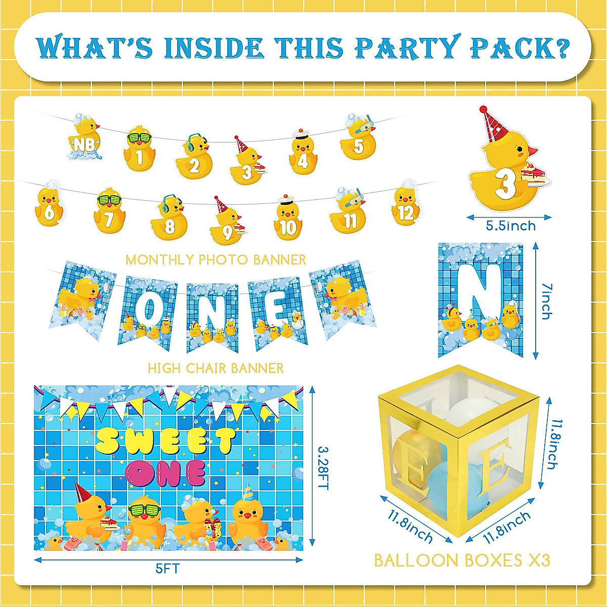 Poen 119 Pcs Sweet One Duck 1st Birthday Party Decorations Set Includes Balloons Backdrop Garland Monthly Photo Highchair Banner Tablecloth Cake Topper Balloon Box Cutout Crown for Duck Party Supplies