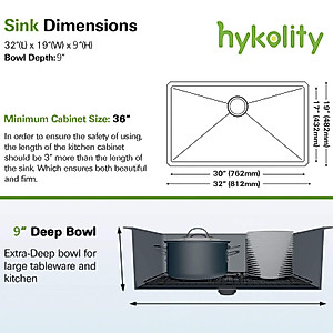 Hykolity 32-inch Kitchen Sink, 16 Gauge Undermount Single Bowl Stainless Steel Kitchen Sink with Strainer & Bottom Grid, 32" x 19" x 9"