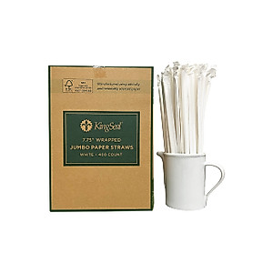 Kingseal Disposable PAPER Drinking Straws, FSC Certified, Paper Wrapped, WHITE, 7.75 Inch Length x 6mm Diameter, Jumbo" Size, Biodegradable, Earth Friendly, Bulk Pack - 400 Count Box