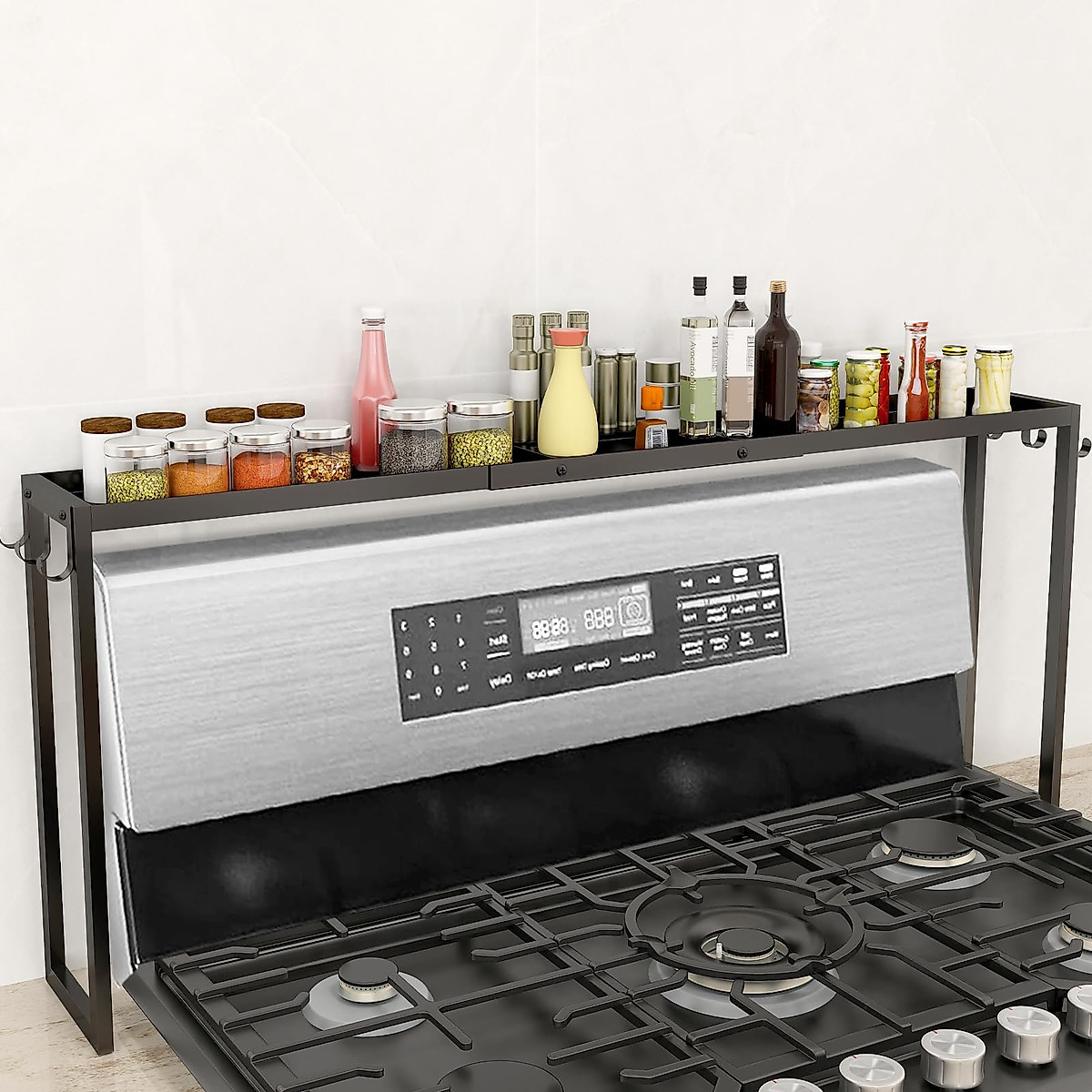 STWWO Over the Stove Shelf, 31.5" Stove Top Shelf Spice Rack, Kitchen Countertop Organizer with 6 Hooks, Seasoning Organizer, Black