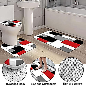 KINUUIS 5PC Geometric Bathroom Shower Curtain Sets,Red Grey Black Bathroom Sets with Rugs and Bath Towels and Accessories,Abstract Shower Curtain Set for Bathroom Decoration