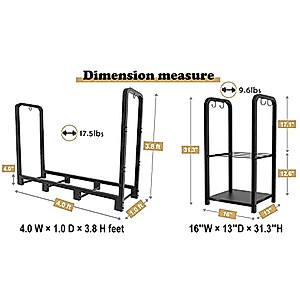 Artibear 4ft Outdoor Firewood Rack With Indoor Small Wood Storage Holder for Fireplace, Black