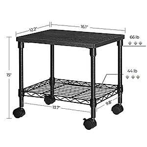 SONGMICS Printer Stand, 2-Tier Under-Desk Printer Cart on Wheels, Printer Table with Storage Shelf, Metal Frame, 16.1 x 12.2 x 15 Inches, Black ULGR301B01