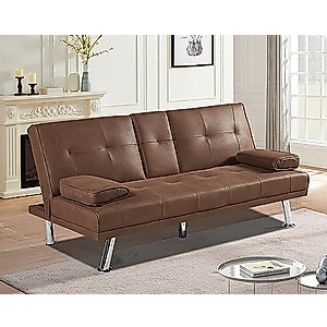 Haplized Leather Futon Sofa Bed, Convertible Folding Couch with Armrest and 2 Cupholders, Sofa Bed Couch for Living Room, Small Place (Coffee)