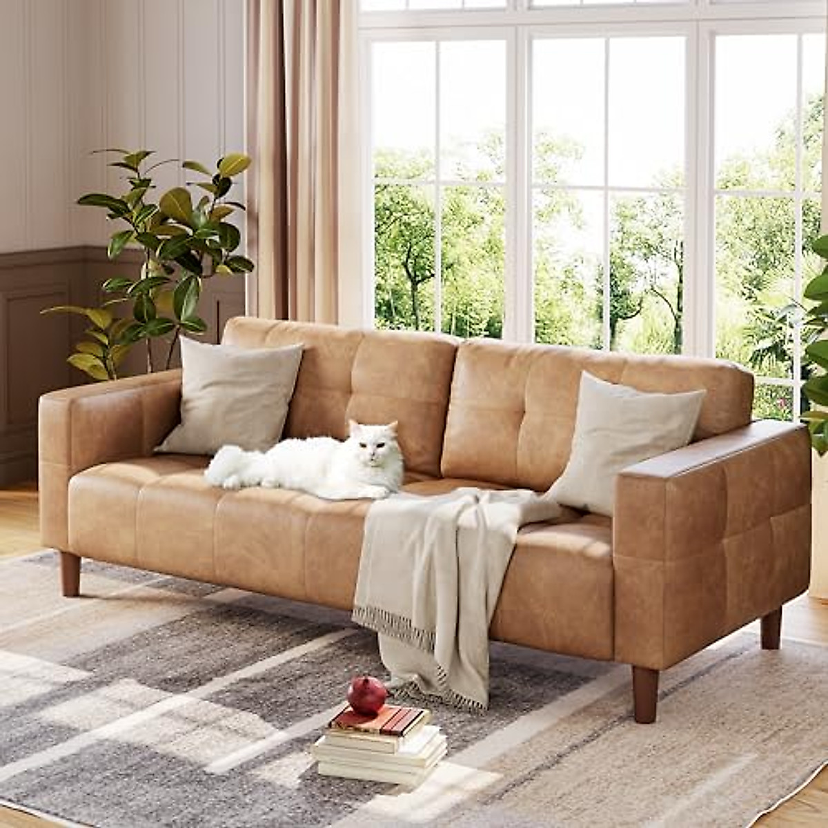 GarveeHome 3-Seater Sofa Couch, 83" Wide Faux Leather Sofa Couch with Spring Cushion, Modern Sofa with Deep Seats and 2 Removable Back Cushions, for Living Room, Bedroom, Apartment, Office, Brown
