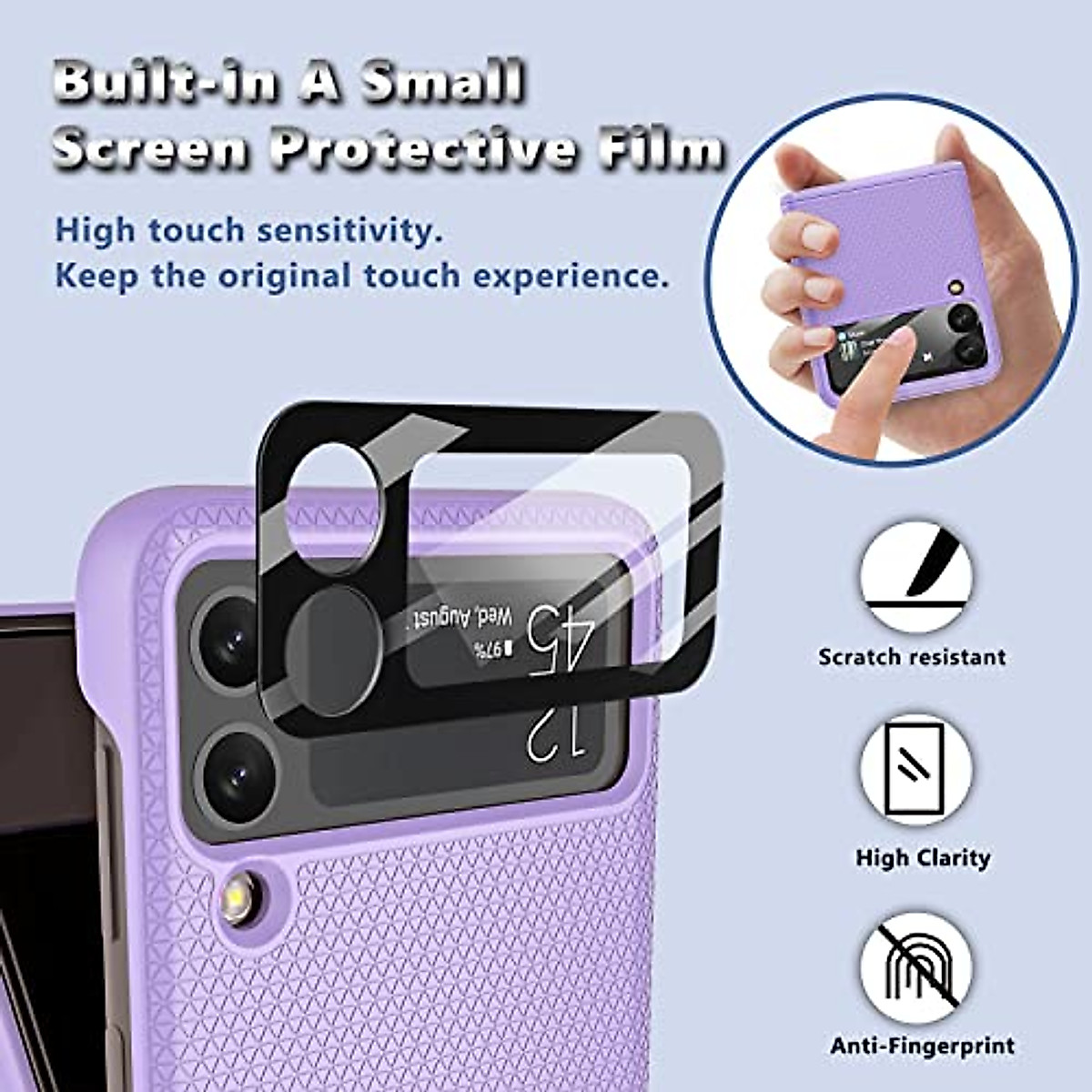 Vihibii Galaxy Z Flip 3 Case with Hinge Protection & Camera Screen Protector - Slim, Non-Slip, Lightweight, 5G-Compatible (Purple)