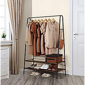Finnhomy 39.4“L Clothes Rack with 2 Wood Shelves, Clothing Racks for Hanging Clothes Heavy Duty Garment Display Rack, Rustic Metal Portable Closet with Shoes Rack for Bedroom/Entryway/Boutiques