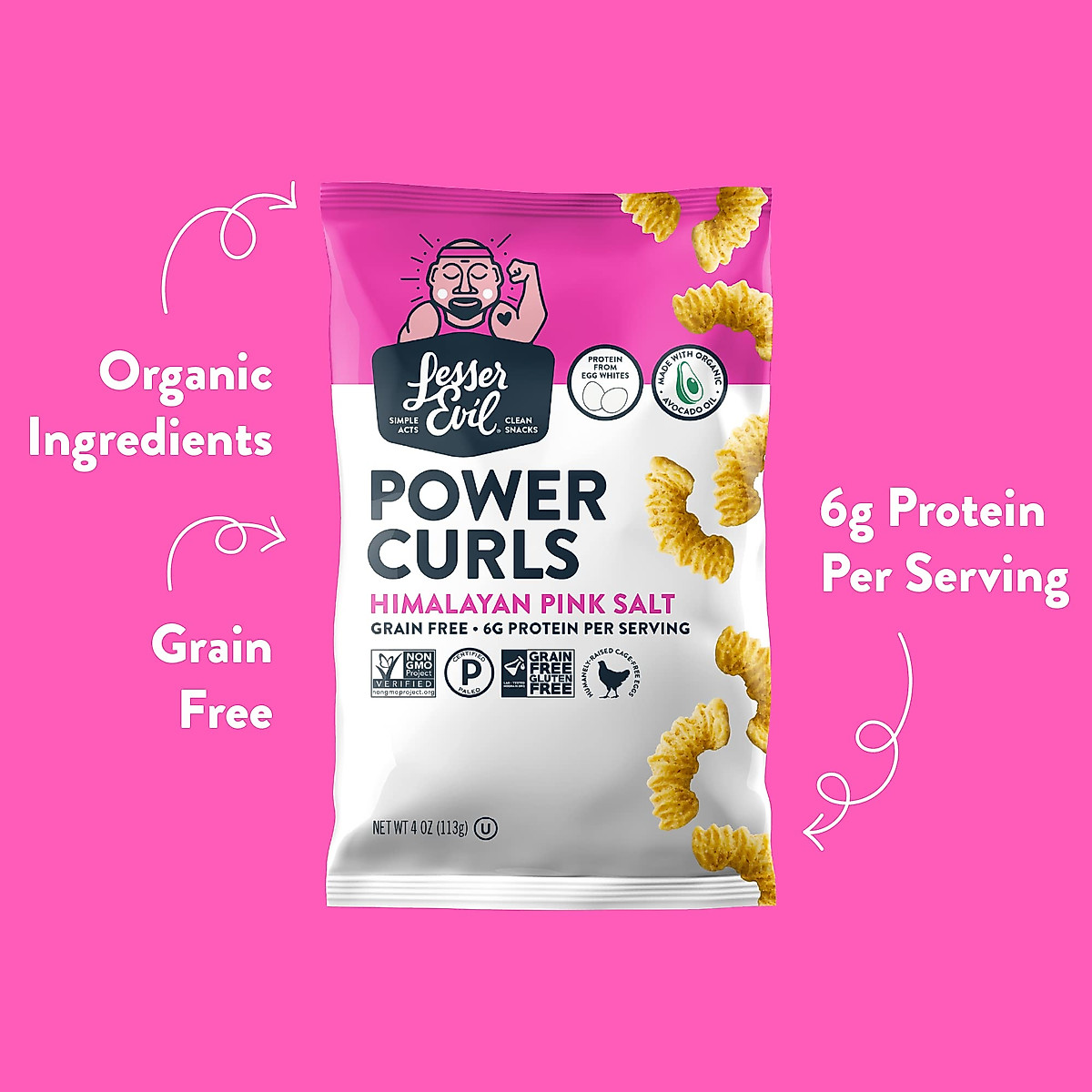 LesserEvil Himalayan Pink Salt Power Curls, Grain Free, Minimally Processed, Avocado Oil, Egg White Protein, 4 Oz, Pack of 3