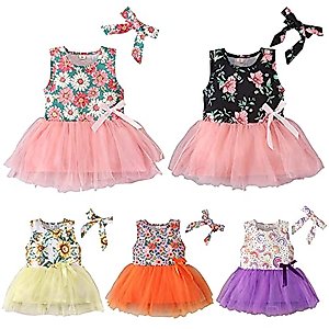 azrian Toddler Baby Girls Tutu Tulle Dress Sleeveless Round Neck Floral Print Bow Lace Mesh Dresses Summer Children Clothes