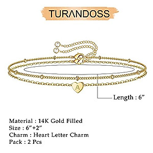 Turandoss Heart Initial Bracelets for Women, 14K Gold Filled Layered Bracelet Minimalist Initial Heart Bracelets for Women Bracelet With Initials A