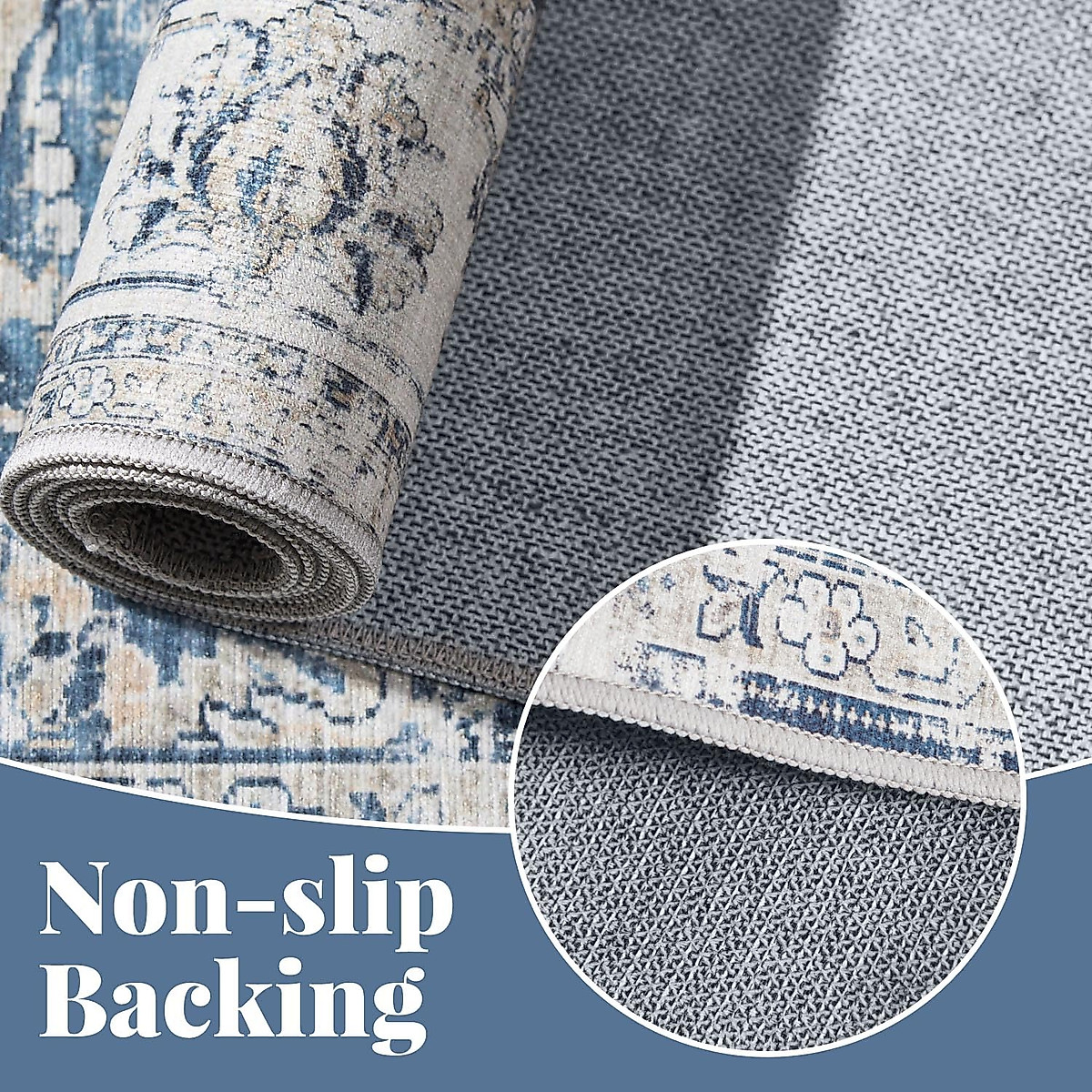 jinchan Washable Area Rug 5x7 Low Pile - Bedroom Rug Indoor Dark Blue Floral Print Stain Resistant - Boho Carpet Distressed Vintage Ultra-Thin Non-Slip Rug Accent Rug Living Room Dining Room Kitchen