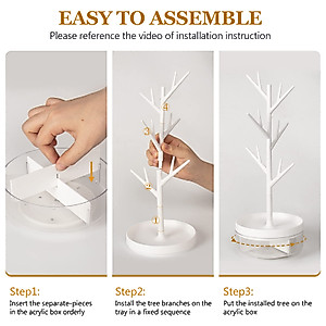 Inmorven Jewelry Tree Stand Organizer with Storage Box, White Display Holder for Necklaces Bracelets Earrings, with Clear Base Container