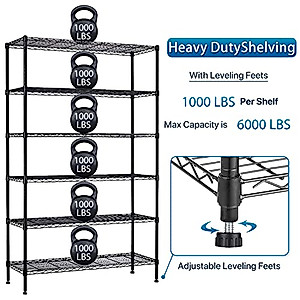 6000Lbs Capacity Heavy Duty Shelving, 6 Tier Wire Shelving Unit on Wheels, NSF Certified Adjustable Storage Shelves Rack for Garage Pantry Basement (18"x 48"x 76", Black) (Black)