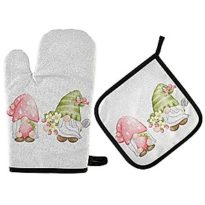 Strawberry Gnomes Oven Mitts Pot Holder Set Hello Spring Kitchen Decor Cooking Stove Gloves Heat Resistant Hot Pads Recycled for BBQ Baking Grilling