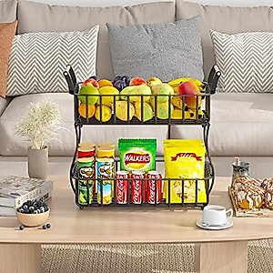 Wisdom Star 2 Tier Fruit Basket Bowl Farmhouse for Kitchen Countertop, Detachable Metal Bread Fruit Vegetable Storage Basket Stand Holder with Wooden Handle, Black
