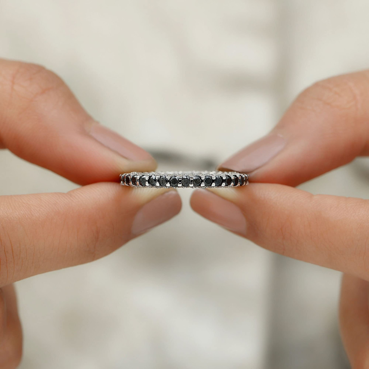 Real Black Spinel Stackable Eternity Ring, Aaa Quality, Anniversary/Wedding Band for Women, 14K White Gold, Size:US 8.00