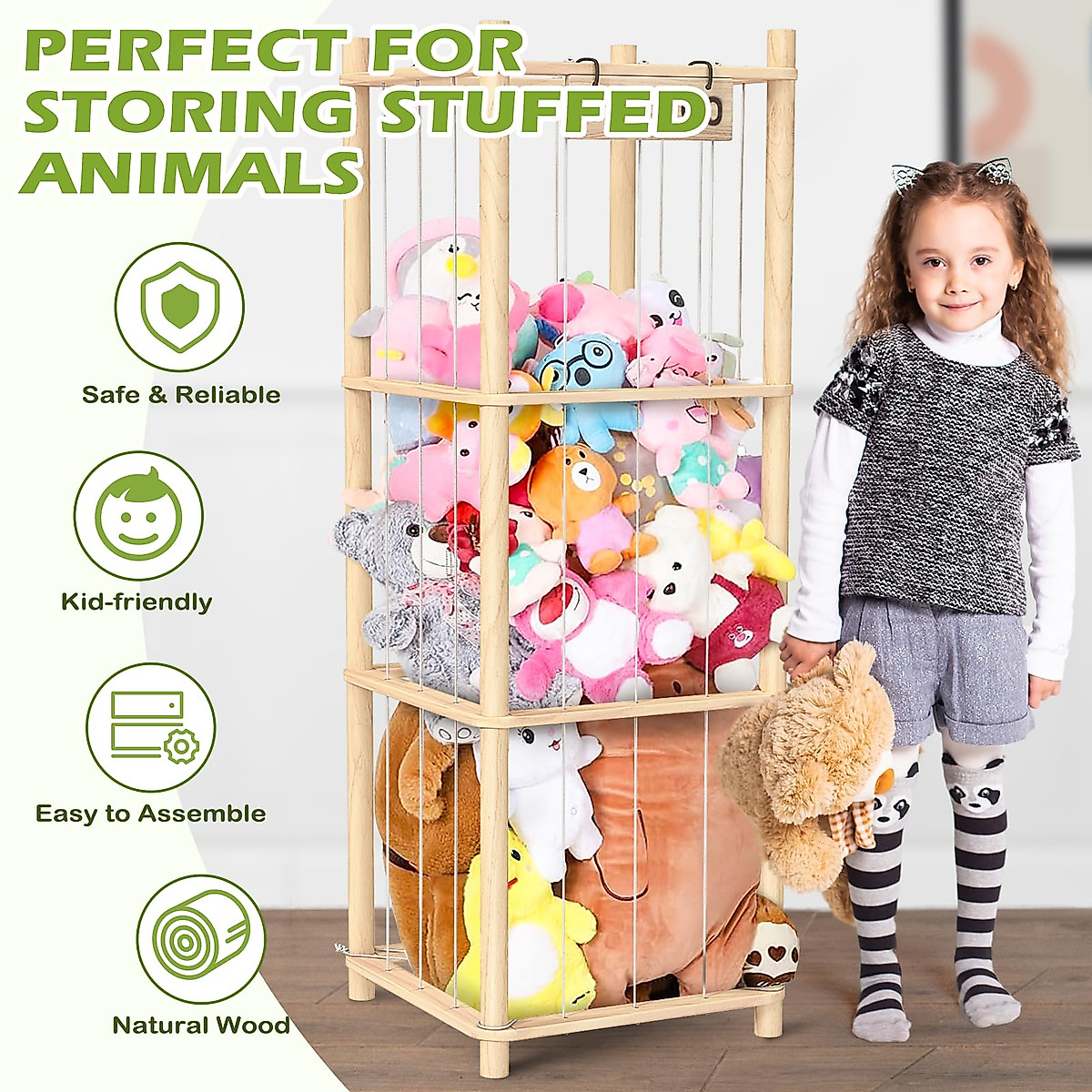 Woodure Stuffed Animal Toy Storage Organizer, Wooden Stuffed Animal Zoo Holder Soft Toy Organizer for Nursery Play Room Bedroom Kid Room