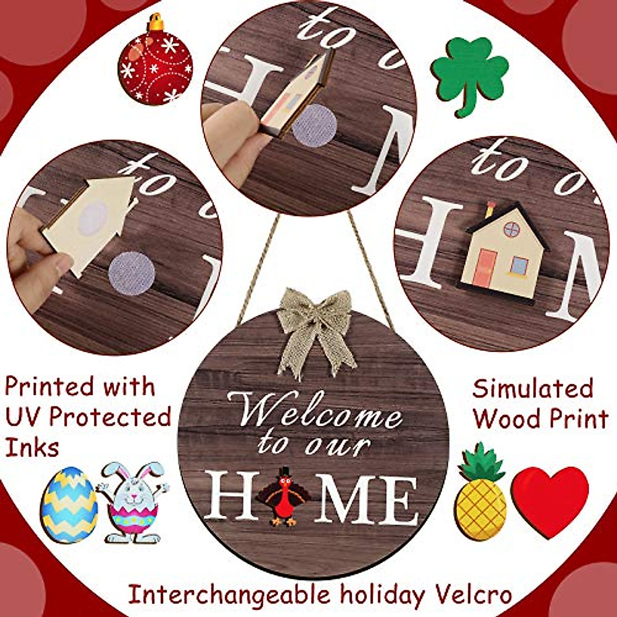 Interchangeable Seasonal Welcome Sign Halloween Front Door Decor Rustic Wood Welcome to Our Home Sign Wall Hanging Porch Decoration for Halloween Christmas Fall Winter Thanksgiving Holiday (Brown)