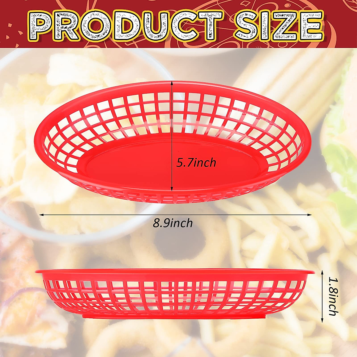 48 Pack Red Oval Fast Food Basket and 200 Pack Black Checkered Deli Liner Set 8.9 x 5.7 x 1.8 Inch Retro Style Plastic Food Baskets for Serving Burger Chip Food Baskets for Home, Restaurants, Picnic