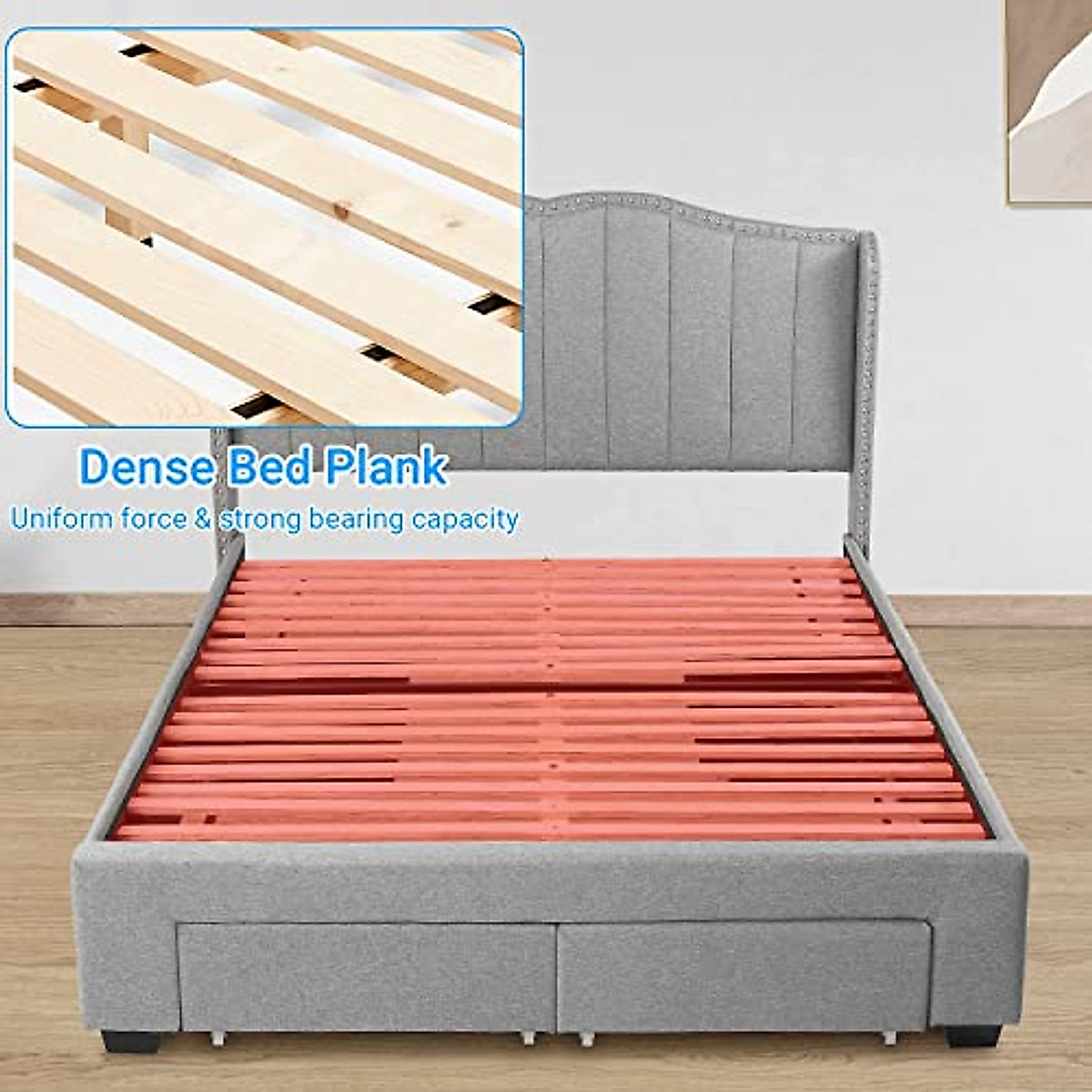 Capacmkseh Queen Platform Bed Frame with Headboard and 3 Storage Drawers on Wheels, Fabric Upholstered Headboard Beds Mattress Foundation with Wood Slat Support, No Box Spring Needed, Easy Assembly