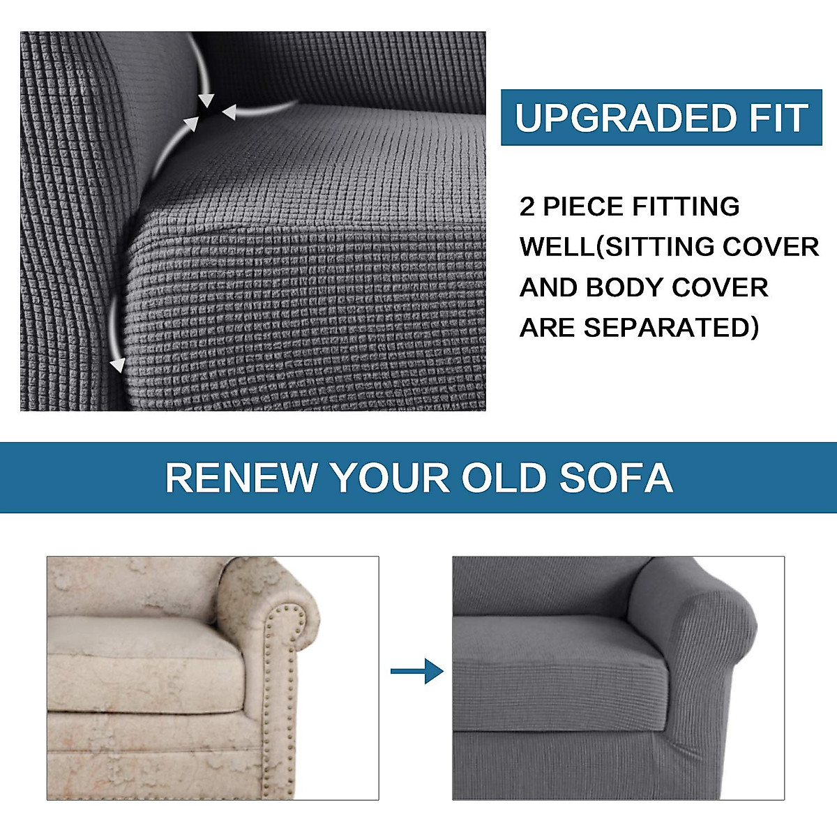 H.VERSAILTEX High Stretch Rich Jacquard 2-Piece Loveseat Slipcover/Furniture Covers for Loveseat with Elastic Bottom, Suit for T Cushion/Box Cushion Spandex Jacquard Fabric, Charcoal Gray