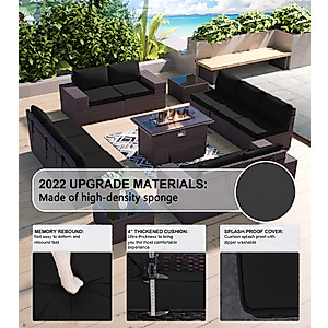 Kullavik 13 Pieces Outdoor Patio Furniture Set with 43" 55000BTU Gas Propane Fire Pit Table PE Wicker Rattan Sectional Sofa Patio Conversation Sets,Black