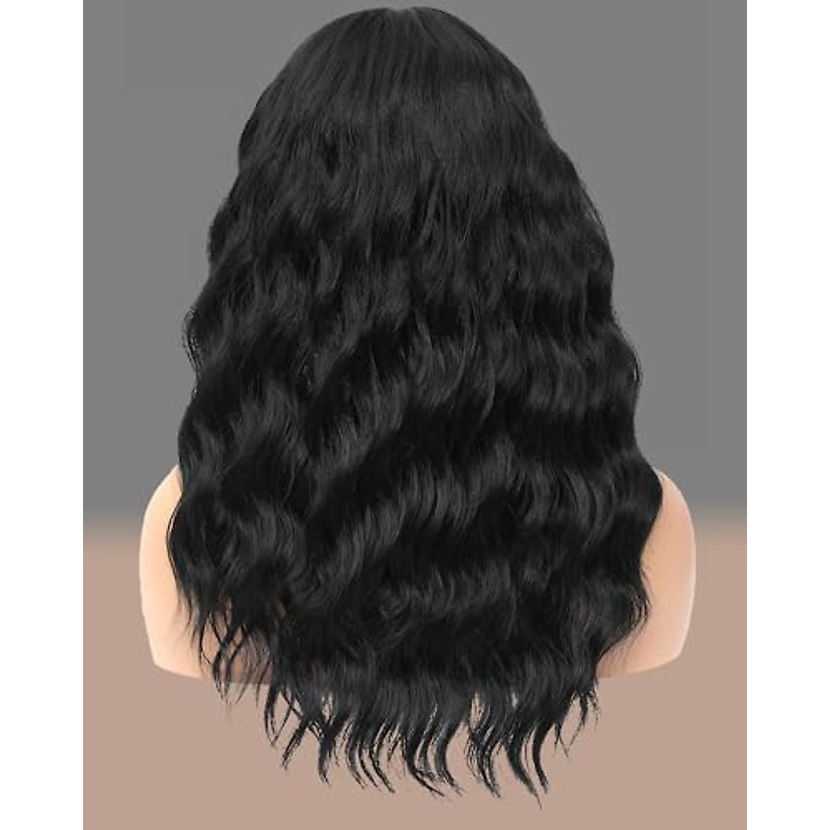 WAVE&BREEZE Black Wigs for Women 18inch Long Wavy Curly Hair Wigs with Bangs Synthetic Replacement Wigs Heat Resistant Fiber Party Costume Wig(18inch Natural Black)
