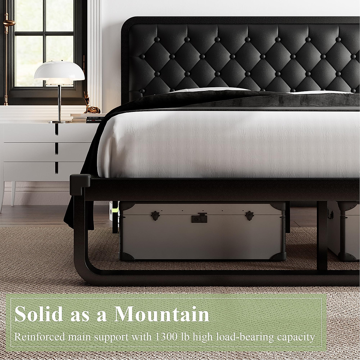 Feonase Queen Bed Frame, Upholstered Platform Bed Frame with Heavy-Duty Steel Slats, Diamond Tufted Headboard, 12" Storage Space, No Box Spring Needed, Noise Free, Easy Assembly, Black