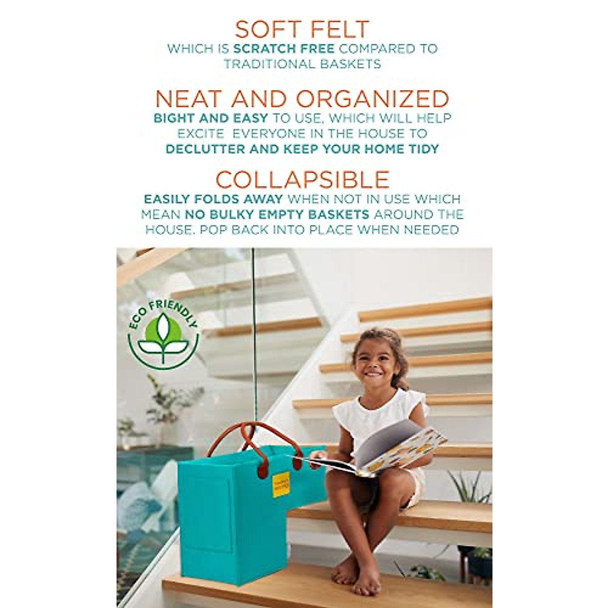 Staircase Basket with Handles for Carpeted and Wooden Stairs, L-Shaped Collapsible Stair Storage Baskets for Organizing Toys, School Work, Shoes and More, 4mm Felt Basket for Stairs in Home or Office