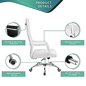 Tuoze Office Chair High Back Leather Desk Chair Modern Executive Ribbed Chairs Height Adjustable Conference Task Chair with Arms (White)