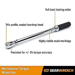 GEARWRENCH 3/8" Drive Micrometer Torque Wrench 10-100 ft/lbs. - 85062M , Black