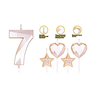 Rose Gold Number 7 Candles and Star Heart Candles 2.76 inch Number Candles for Birthday Cakes 3D Diamond Shaped for Cake Decorations(Rose Gold Candle 7)