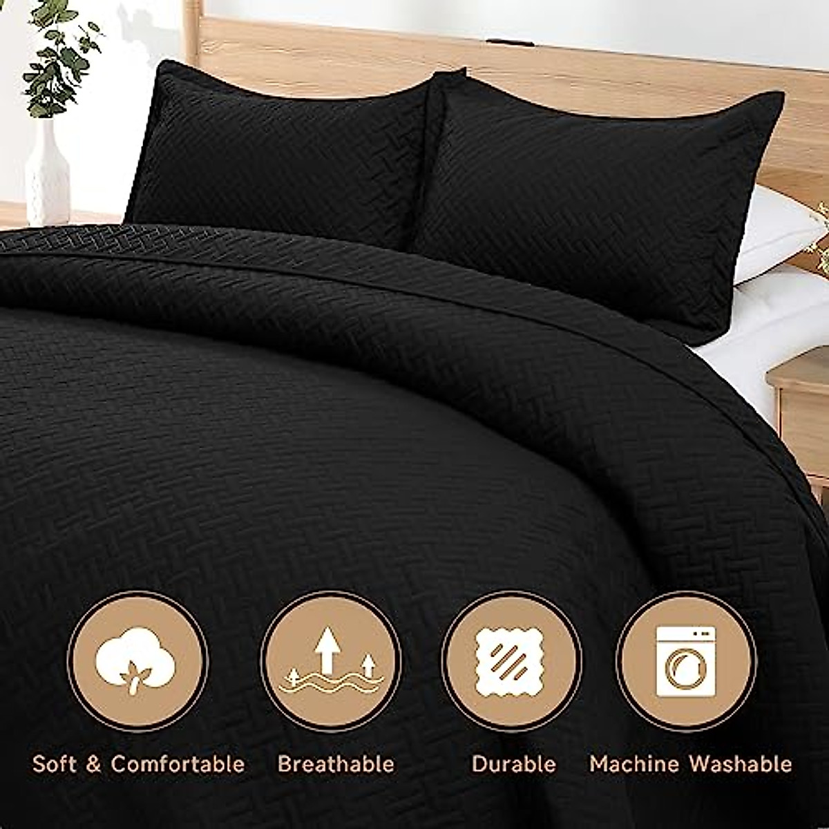 HYLEORY Quilt Set Full Queen Size - Soft Lightweight Quilts Summer Quilted Bedspreads - Reversible Coverlet Bedding Set for All Season 3 Piece (1 Quilt, 2 Pillow Shams) - Black