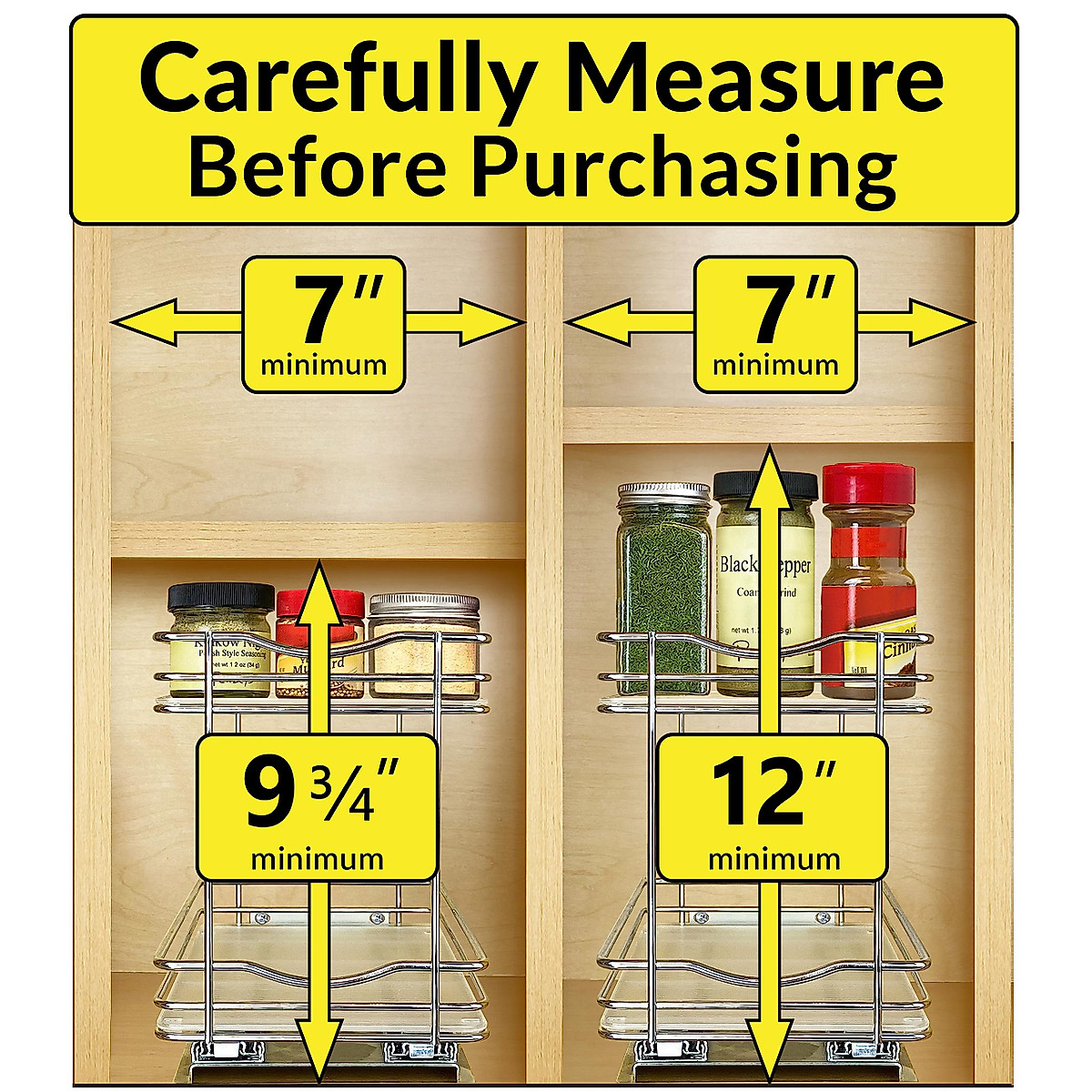 LYNK PROFESSIONAL® Pull Out Spice Rack Organizer for Inside Kitchen Cabinets - 6-1/4 inch Wide - Slide Out Drawer – Chrome Sliding Spice Cabinet Organization Shelf Racks - 2 Tier