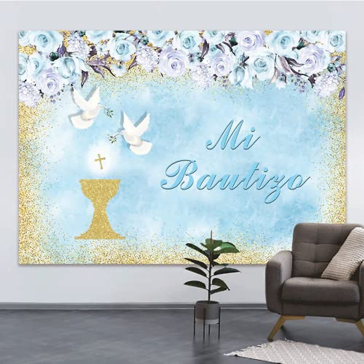 7x5ft Mi Bautizo Backdrop for Boy Baptism Gold Bless Background Blue Flower Golden Dots Photography Baby Shower Banner Party Decorations Floral Newborn Baby Shower Photo Booth Props
