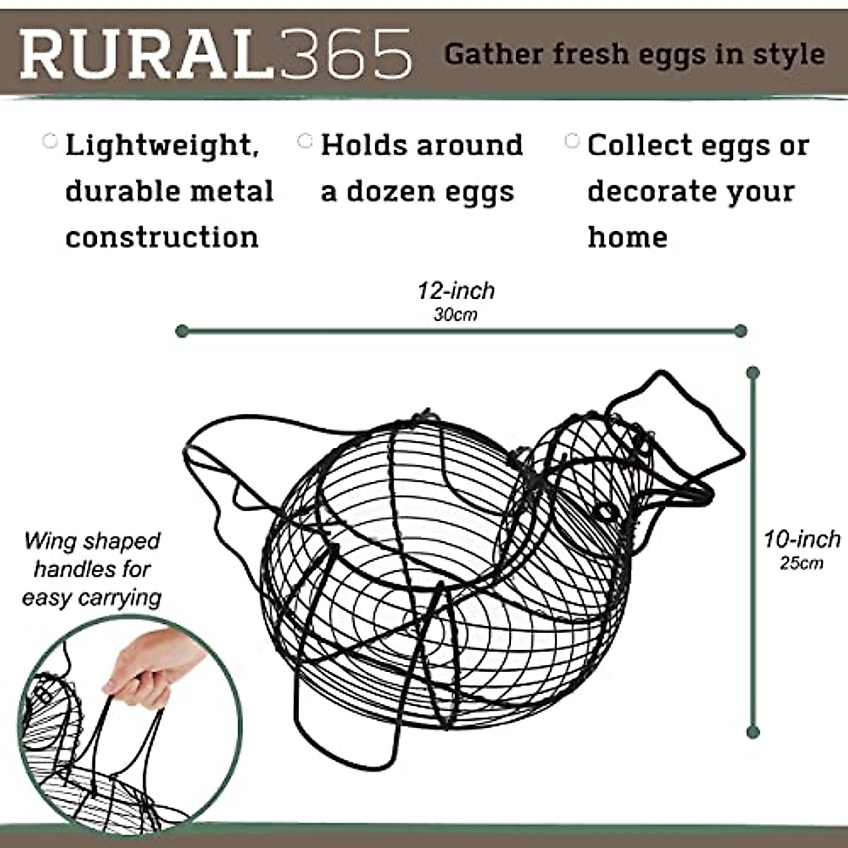 Rural365 Chicken Egg Basket - Chicken Shaped Decorative Black Metal Wire Basket Farm Style Kitchen Egg Collecting Basket